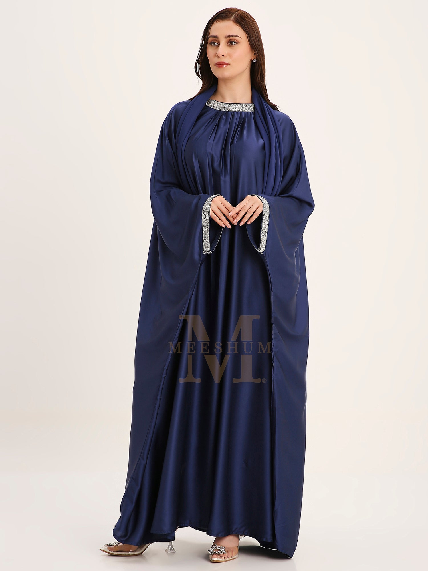 Elegant Blue Satin Farasha Abaya with Embellished Details – Meeshum