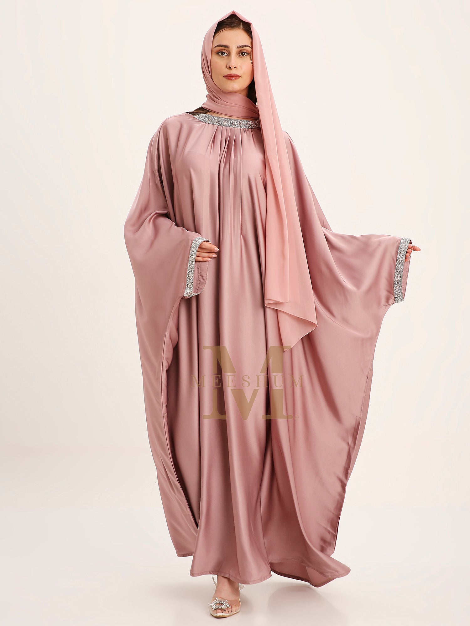 Pink Satin Farasha Abaya with Embellished Details – Meeshum